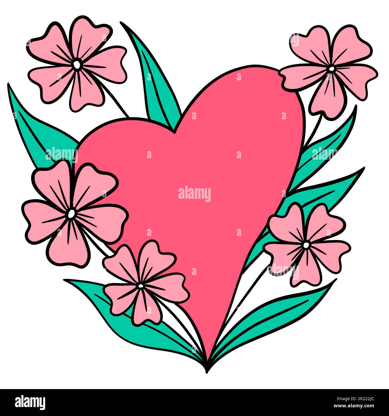 hand drawn illustration of pink heart with flowers leaves. Floral st ...