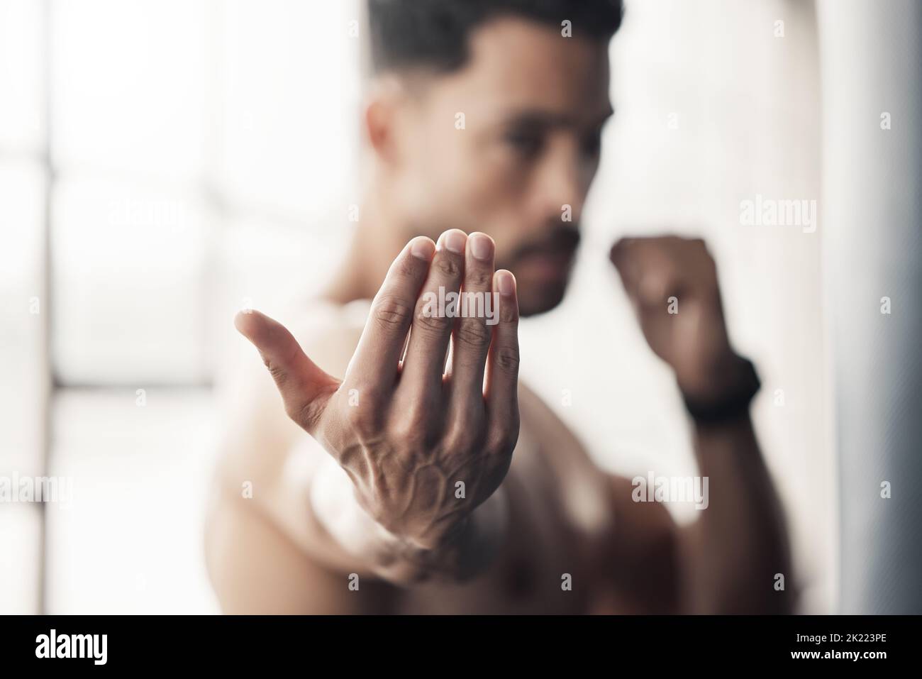 Boxing hands gesture, strong man and fight training of mma athlete ...