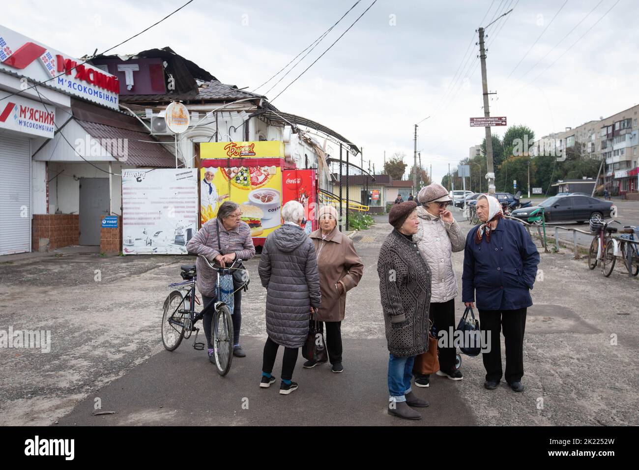 Balakliia, Ukraine. 20th Sep, 2022. Local people talking on the main ...