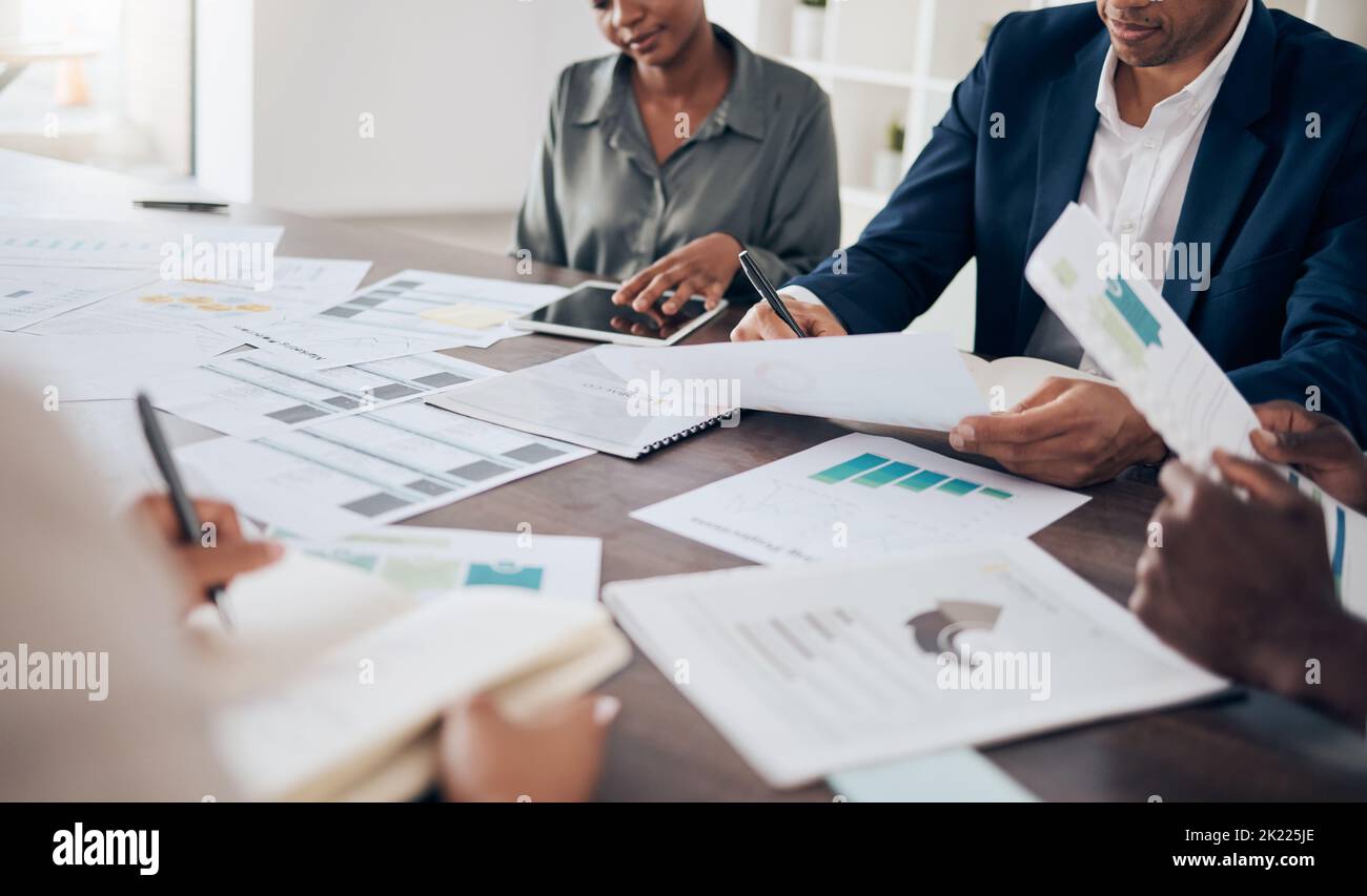 Paper documents research, business people hands and team planning data, budget logistics and ...