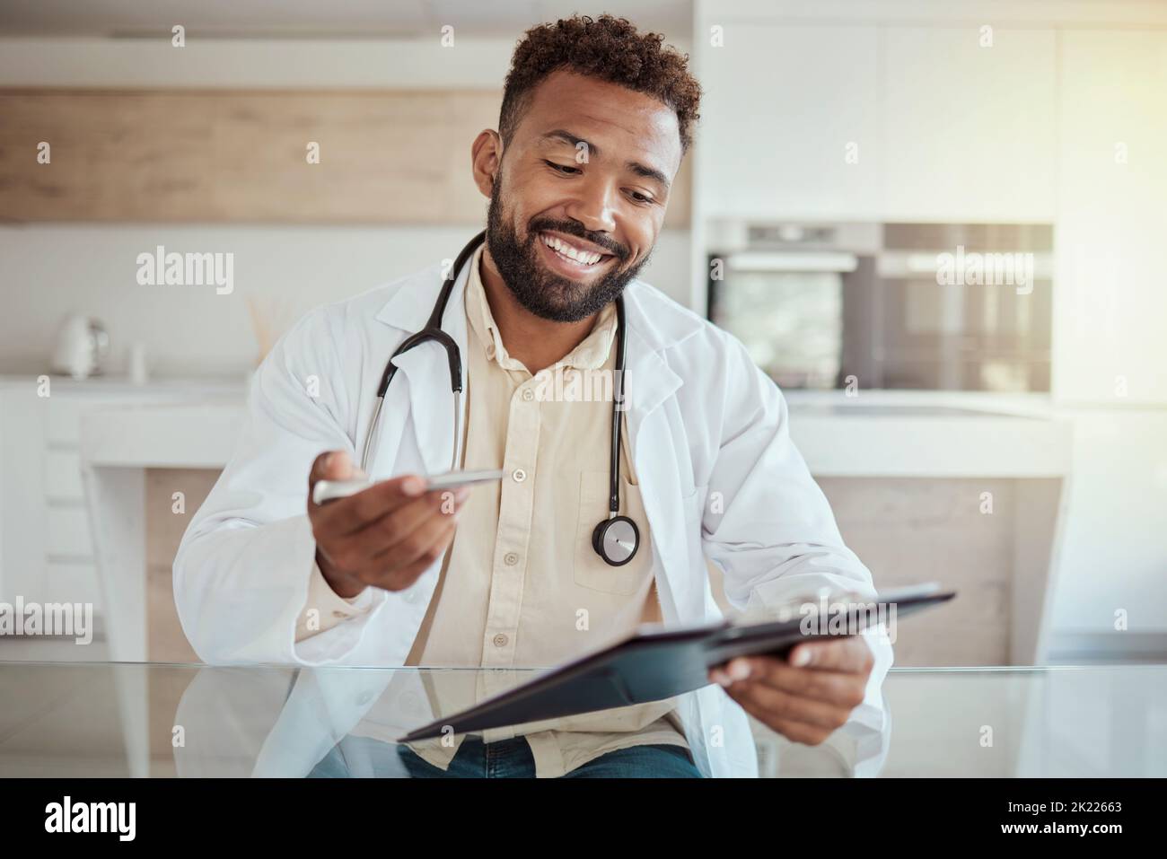 Medical, consulting and checklist with doctor at desk in hospital or ...