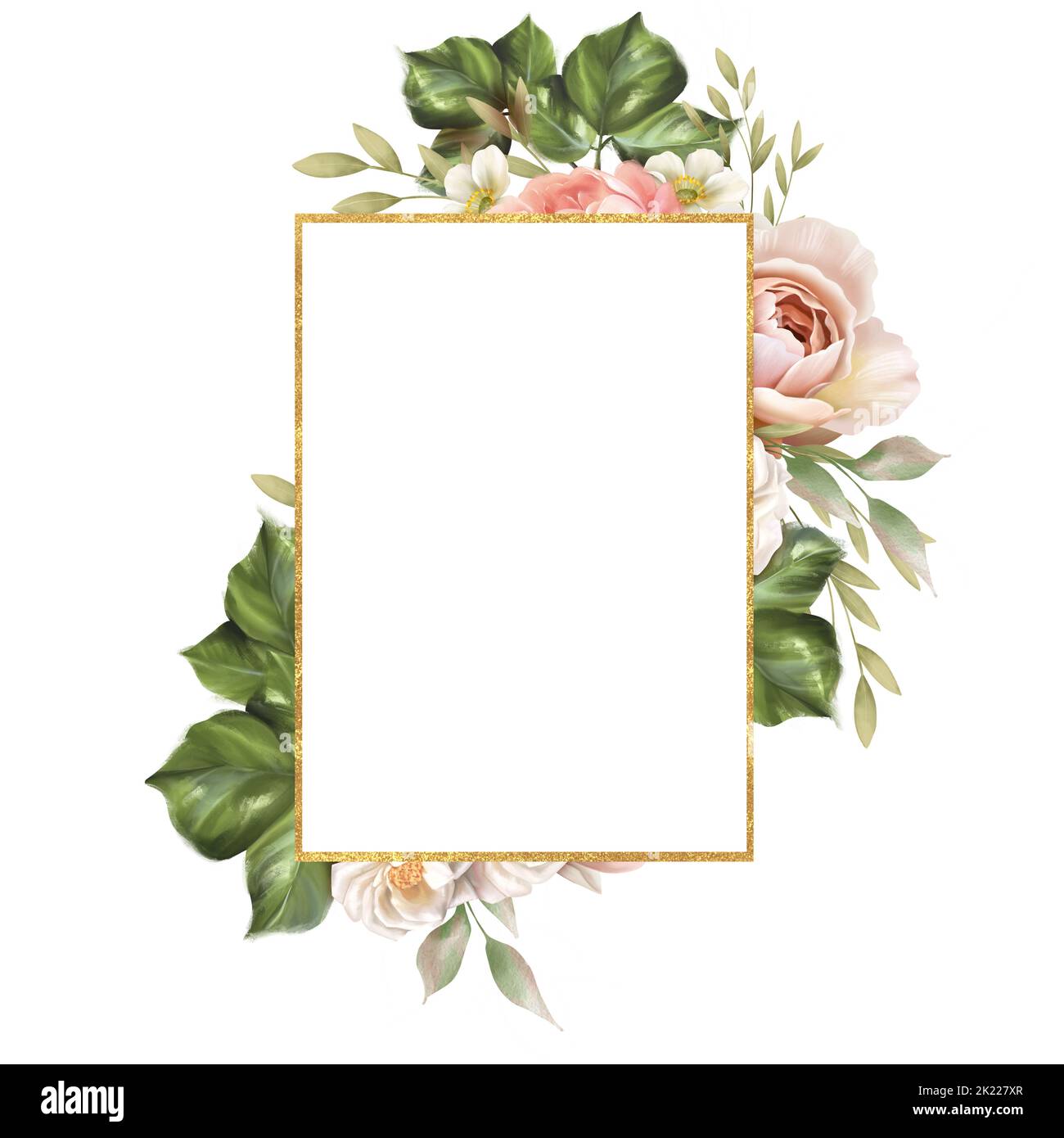 Golden rectangle frame with white rose flowers and green leaves. Floral Wedding card decor Stock ...