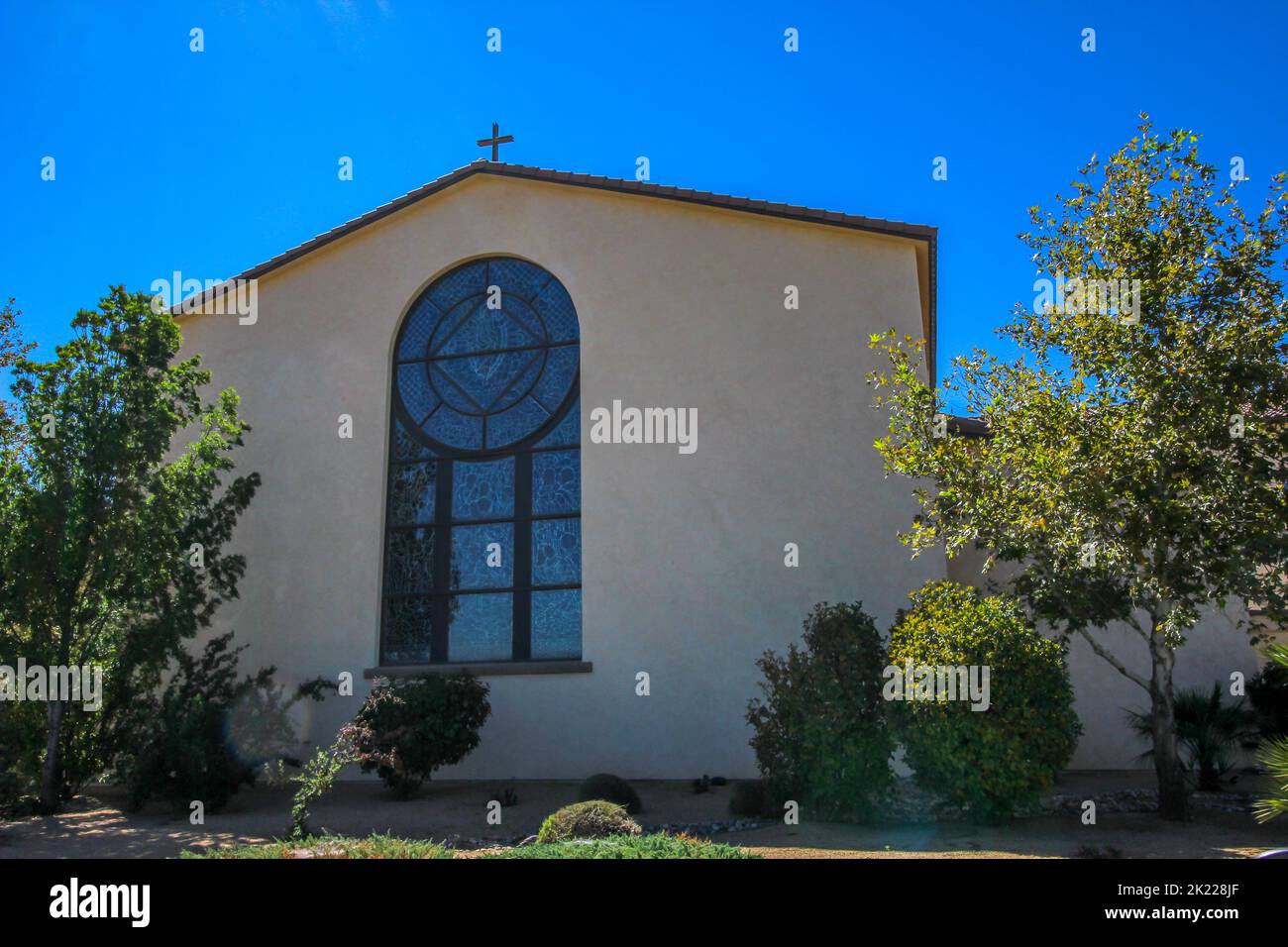 Stain Glass Window On Old Spanish Style Church With Cross Stock Photo ...