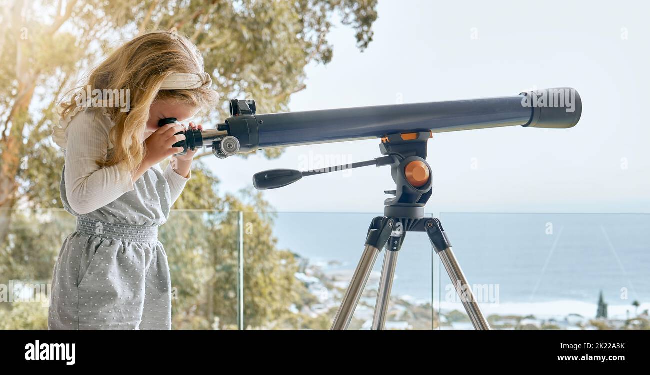 Young kids, telescope and day learning about planets, moon and sky in ...
