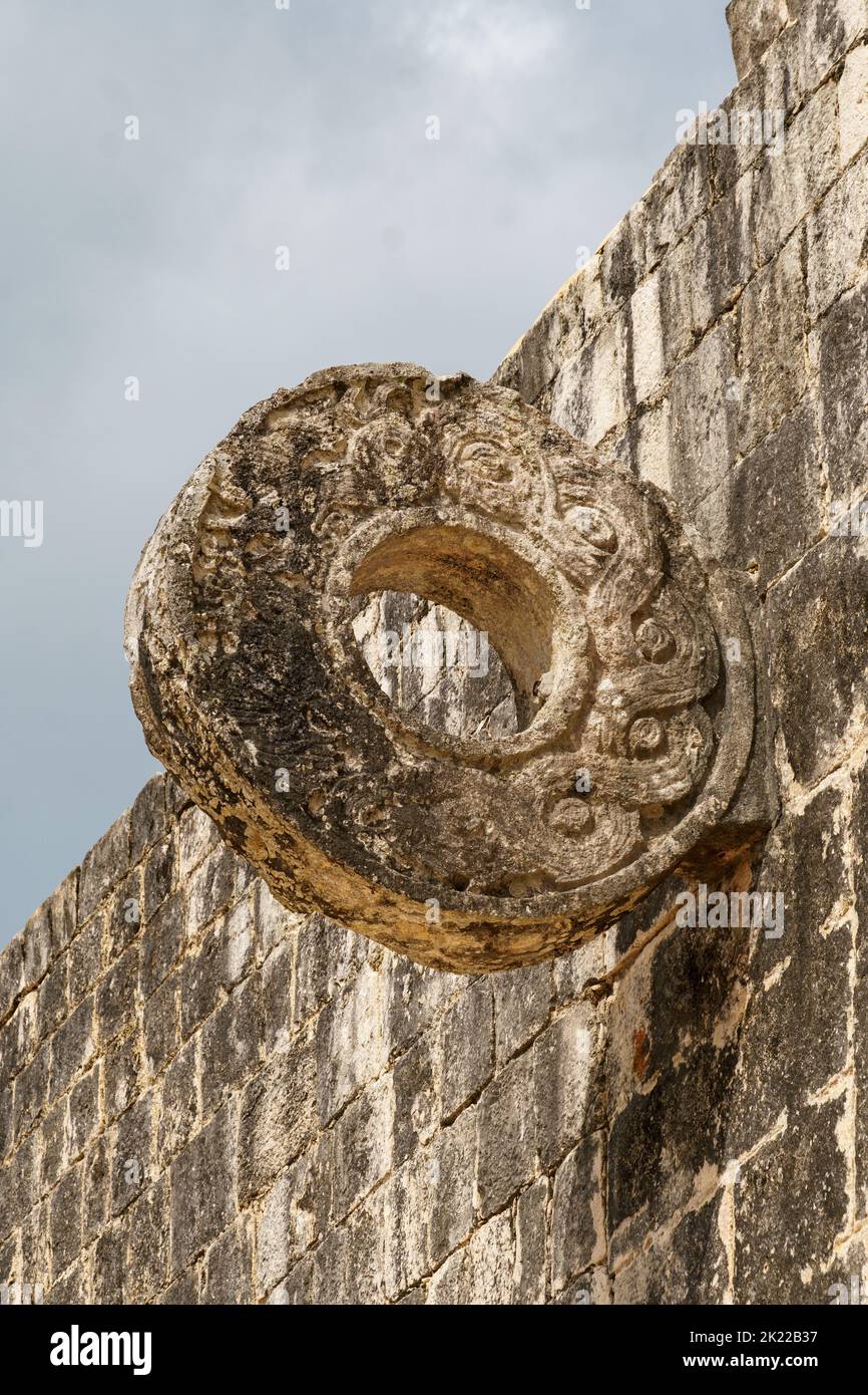 Stone rings at the top of the walls of the Main Ball Court in Chichen ...