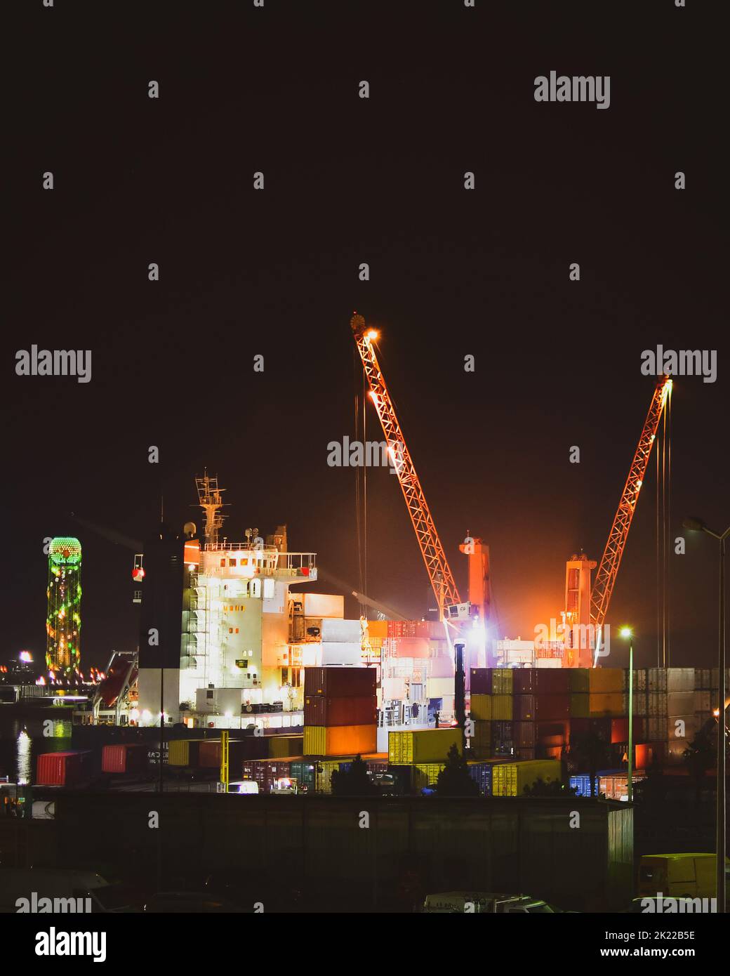 Loading cargo Ship In Batumi Sea port late at night work in darkness ...