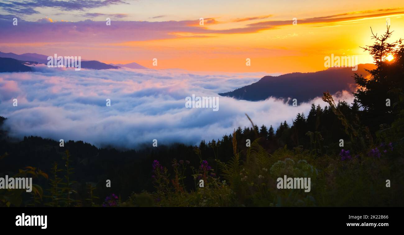Static aerial panoramic view of sun riser above horizon with clouds ...