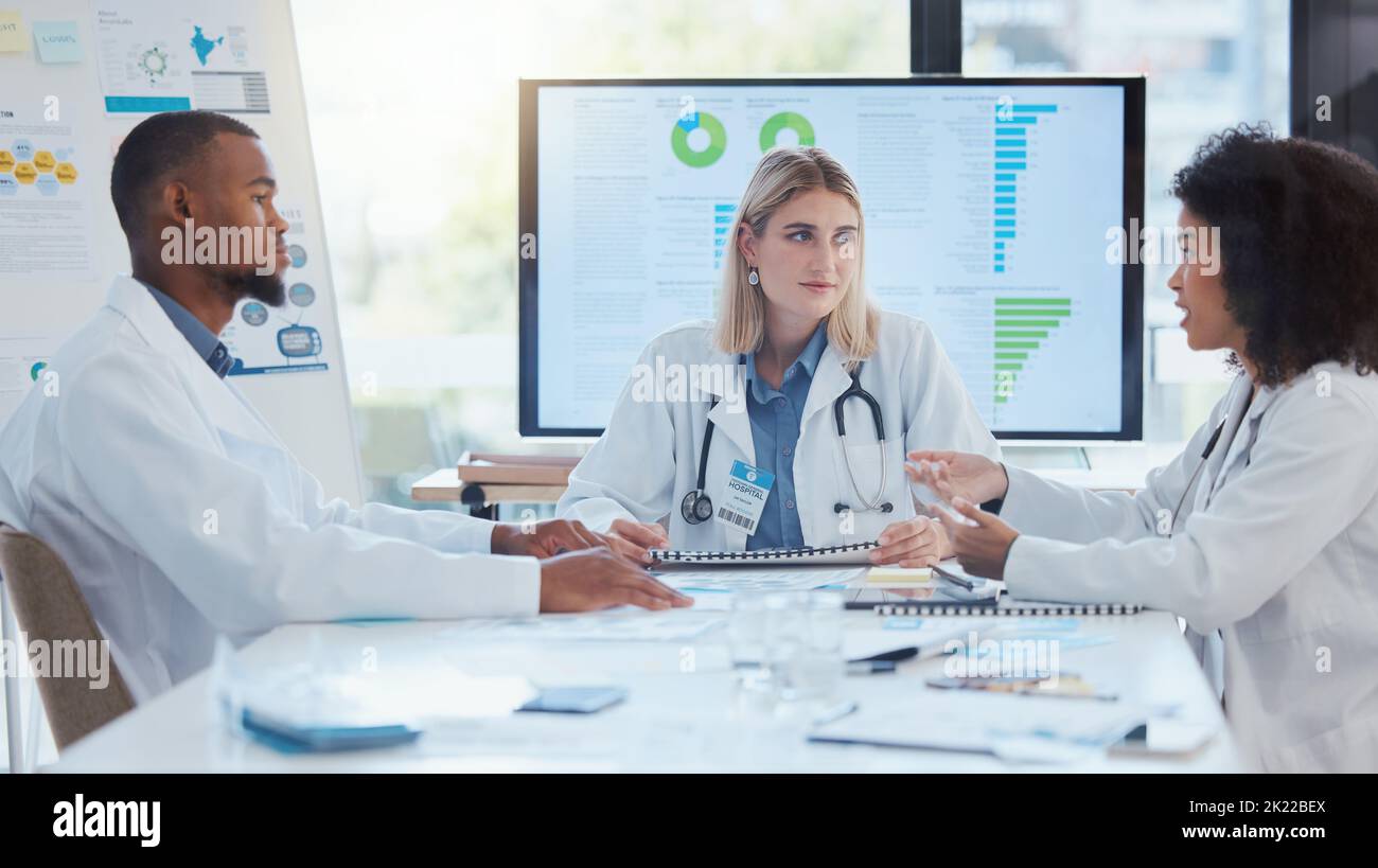 Doctors, meeting or teamwork collaboration on data paper, infographic ...