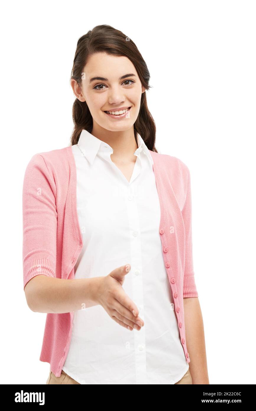 Its nice to meet you. Attractive young woman extending a handshake ...