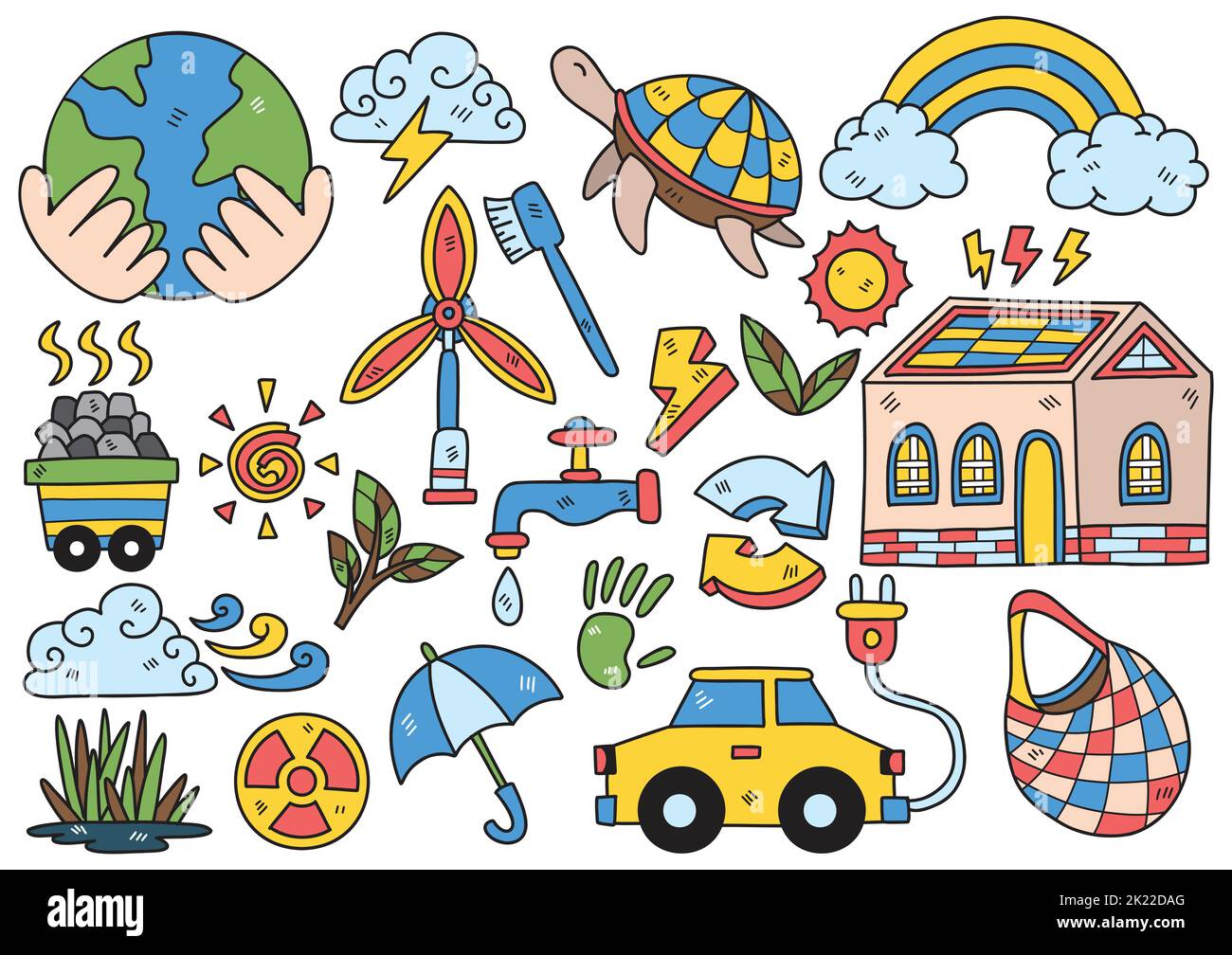 Hand drawn style Modern Green energy doodle objects vector illustration ...