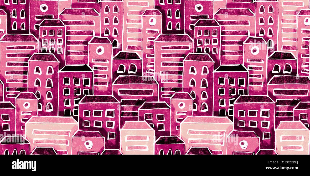 Seamless crayon and watercolor hand painted houses and buildings ...
