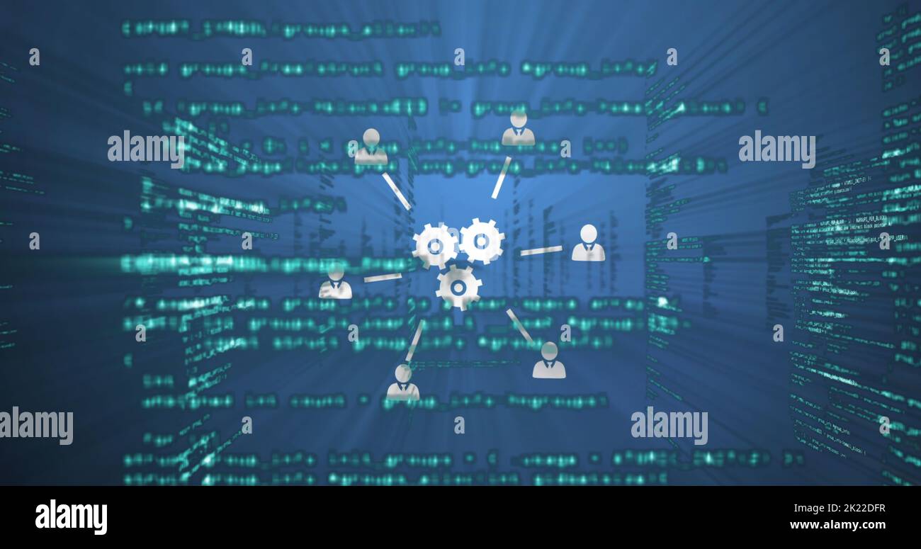 Images of network of connections with icons over data processing on ...