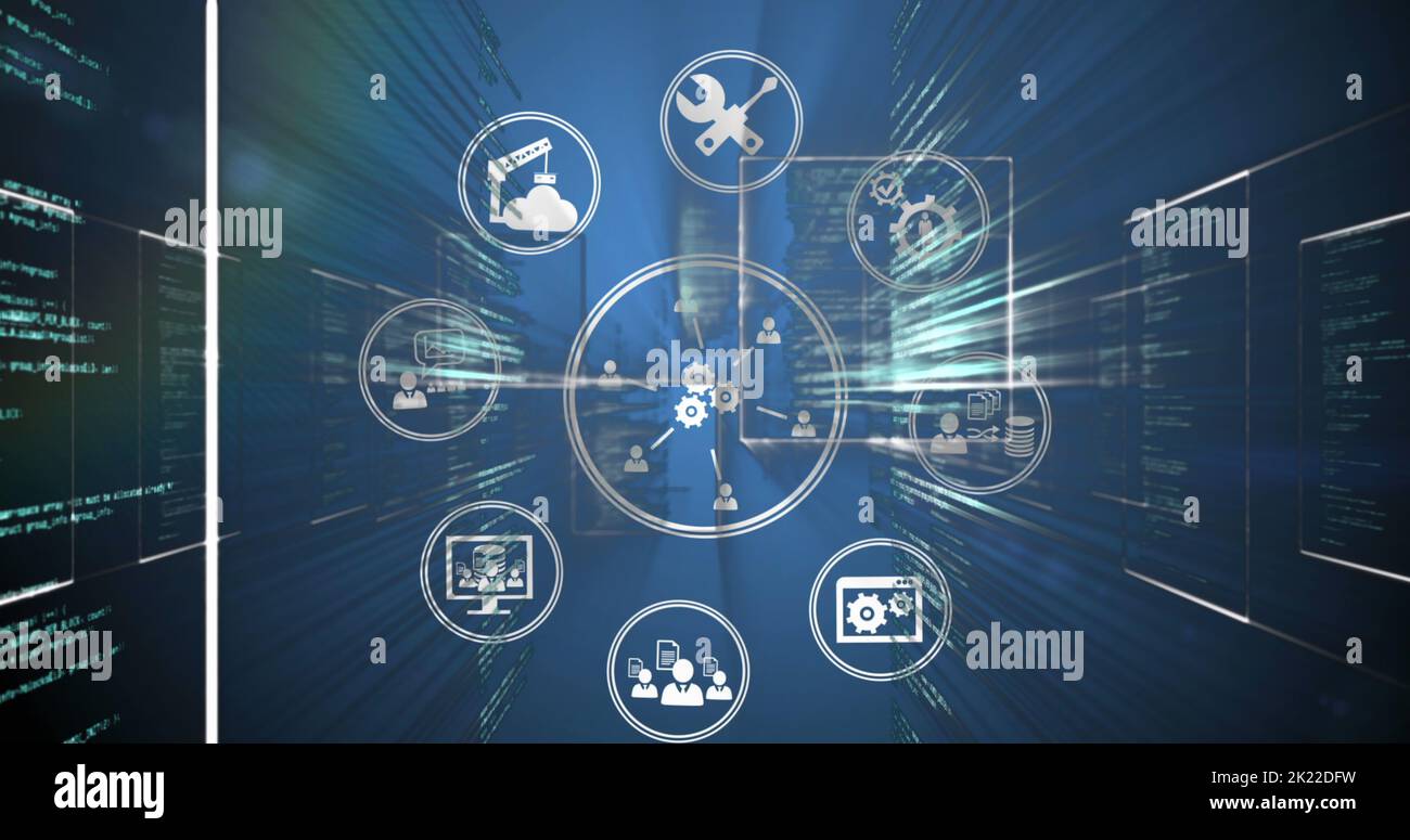 Images of network of connections with icons over data processing on ...