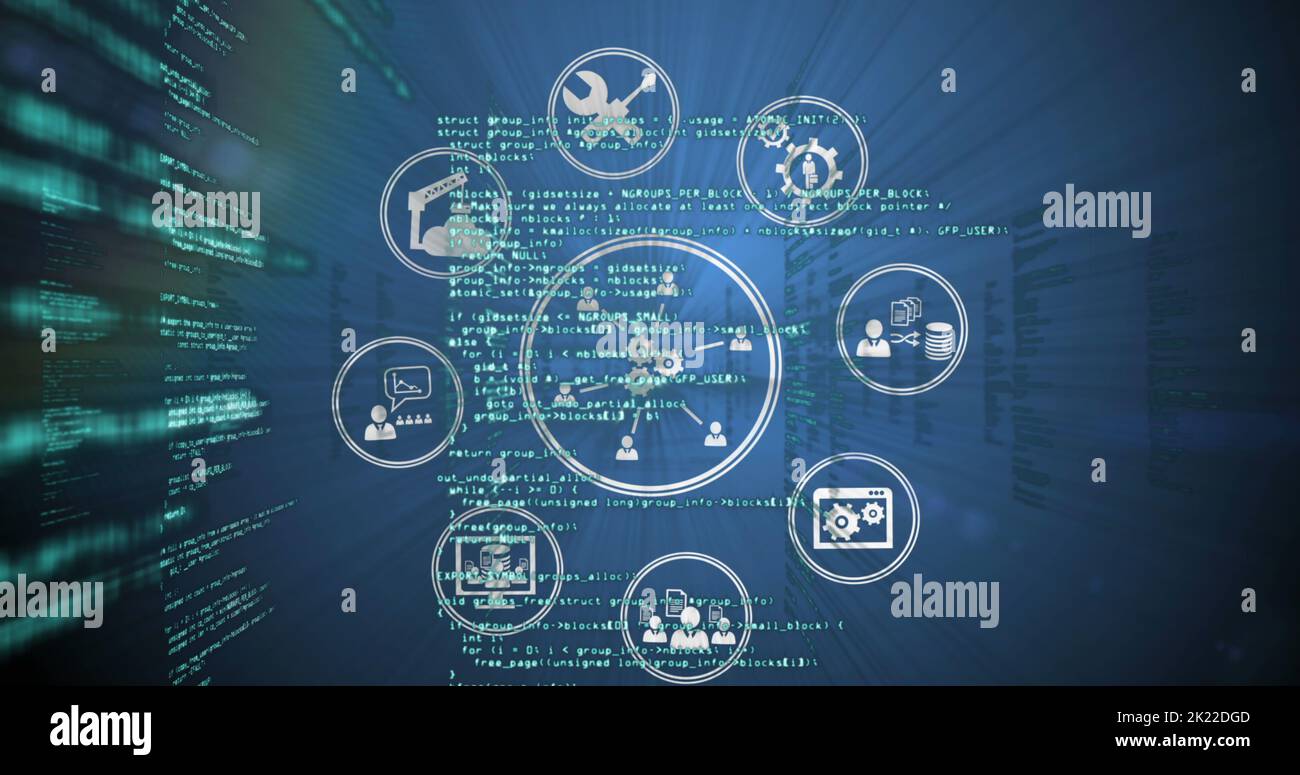 Images of network of connections with icons over data processing on ...
