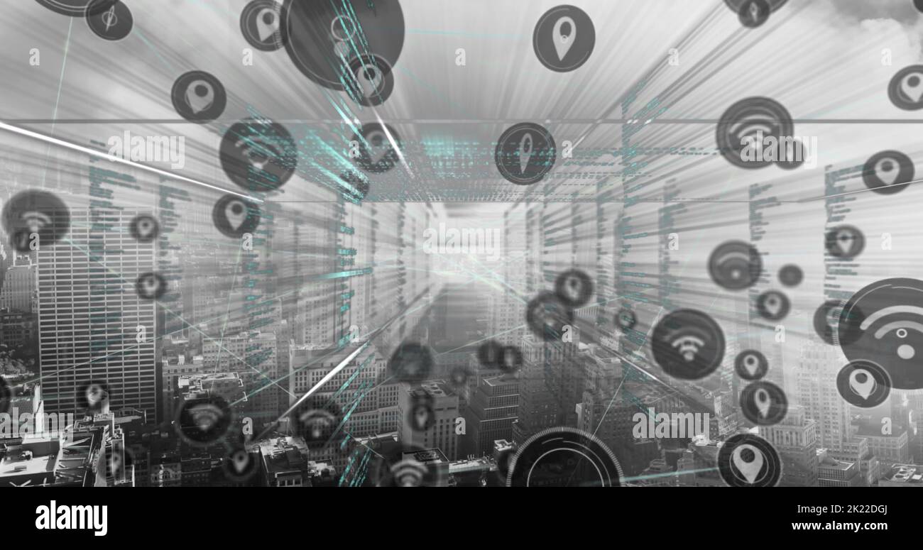 Images of network of connections with icons over data processing on ...