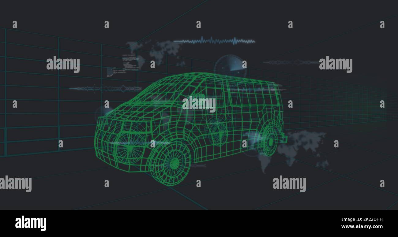 Image of data processing over 3d car model over grid on black background Stock Photo - Alamy