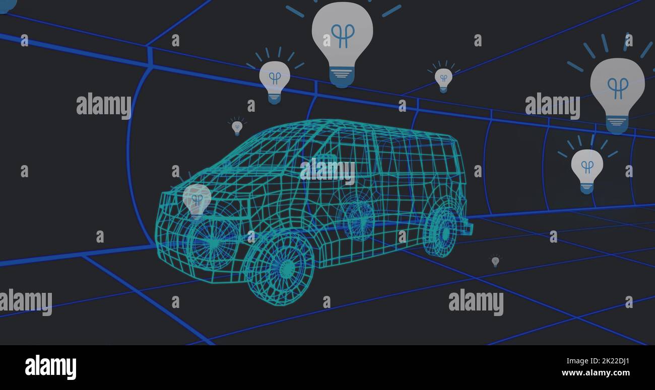 Image of falling icons over 3d car model over grid on black background ...