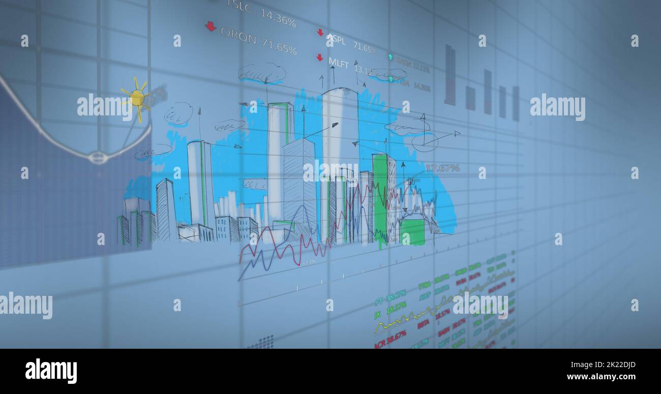 Image of data processing over city drawing Stock Photo - Alamy