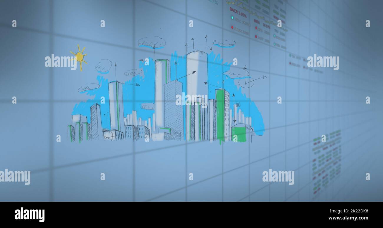Image of data processing over city drawing Stock Photo - Alamy