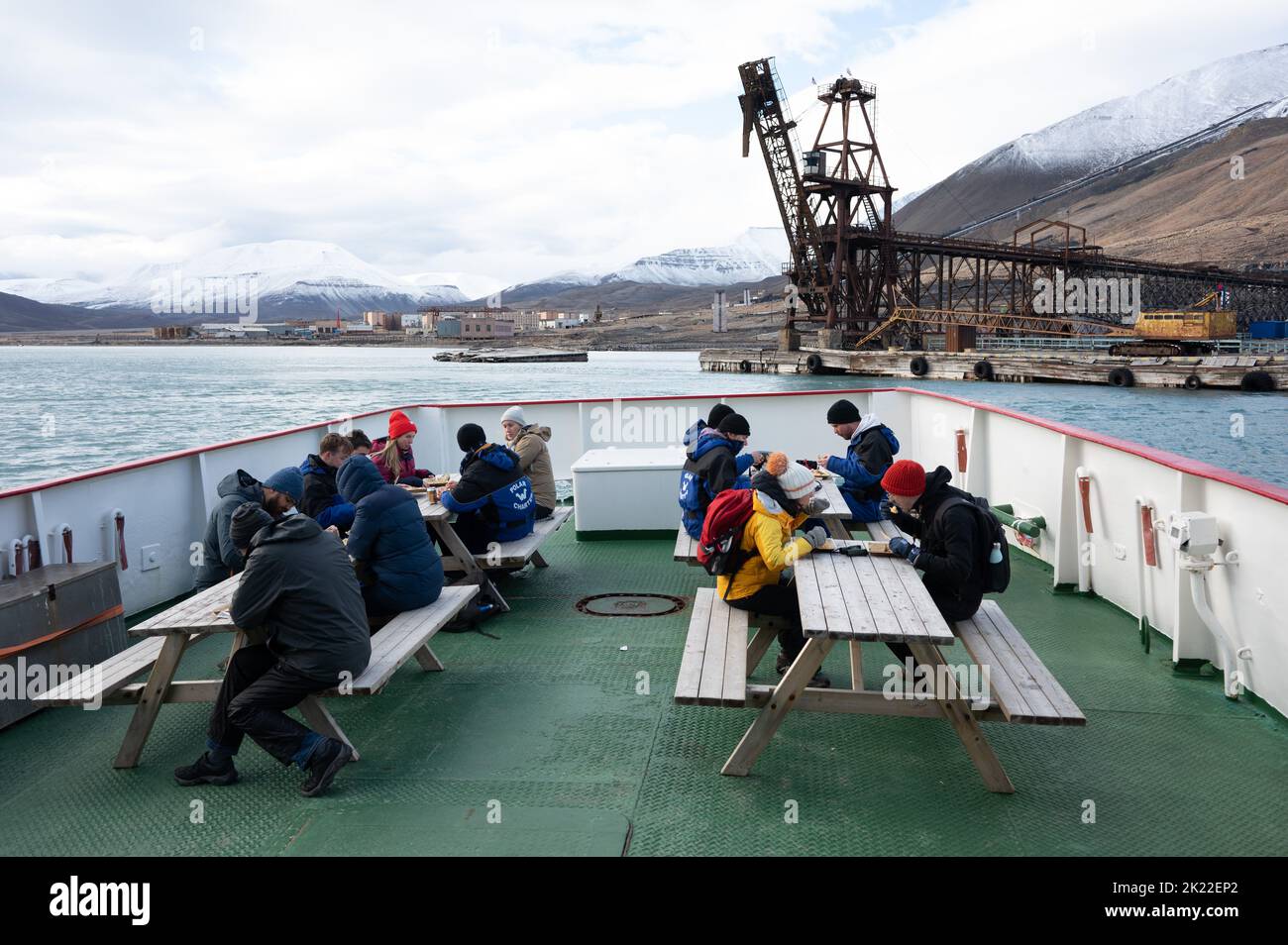 Pyramiden, Norway. 10th Sep, 2022. Tourists sit on a passenger ship in ...