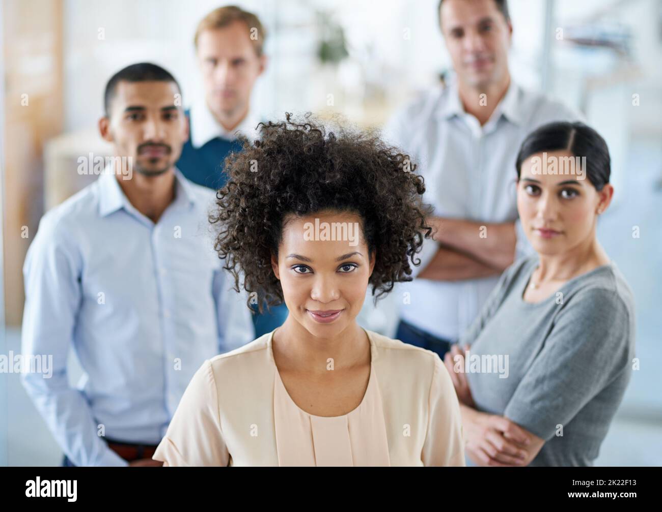 Leading her team to the top. Portrait of a group of diverse colleagues ...