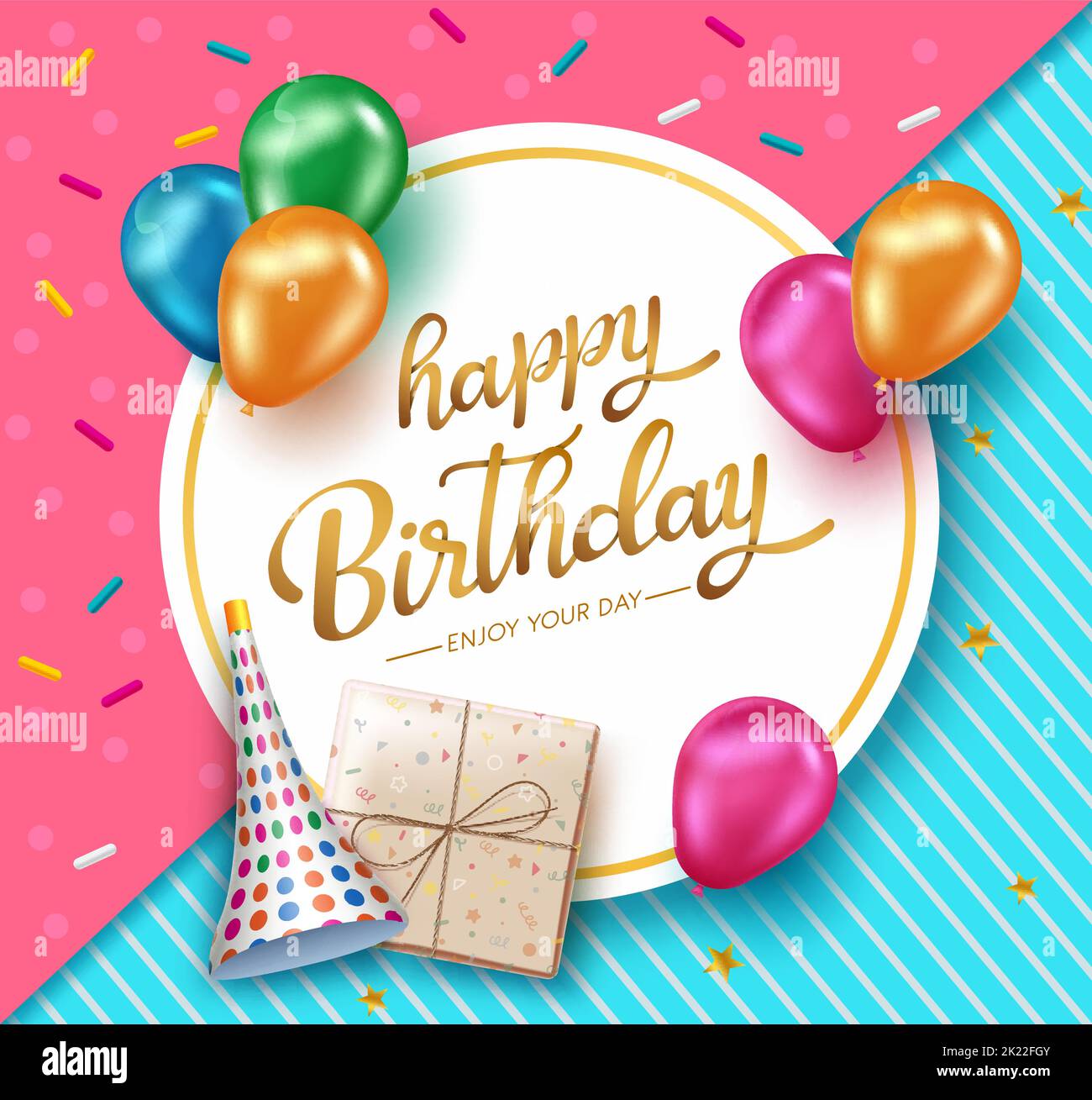 Birthday greeting vector template design. Happy birthday text in circle ...