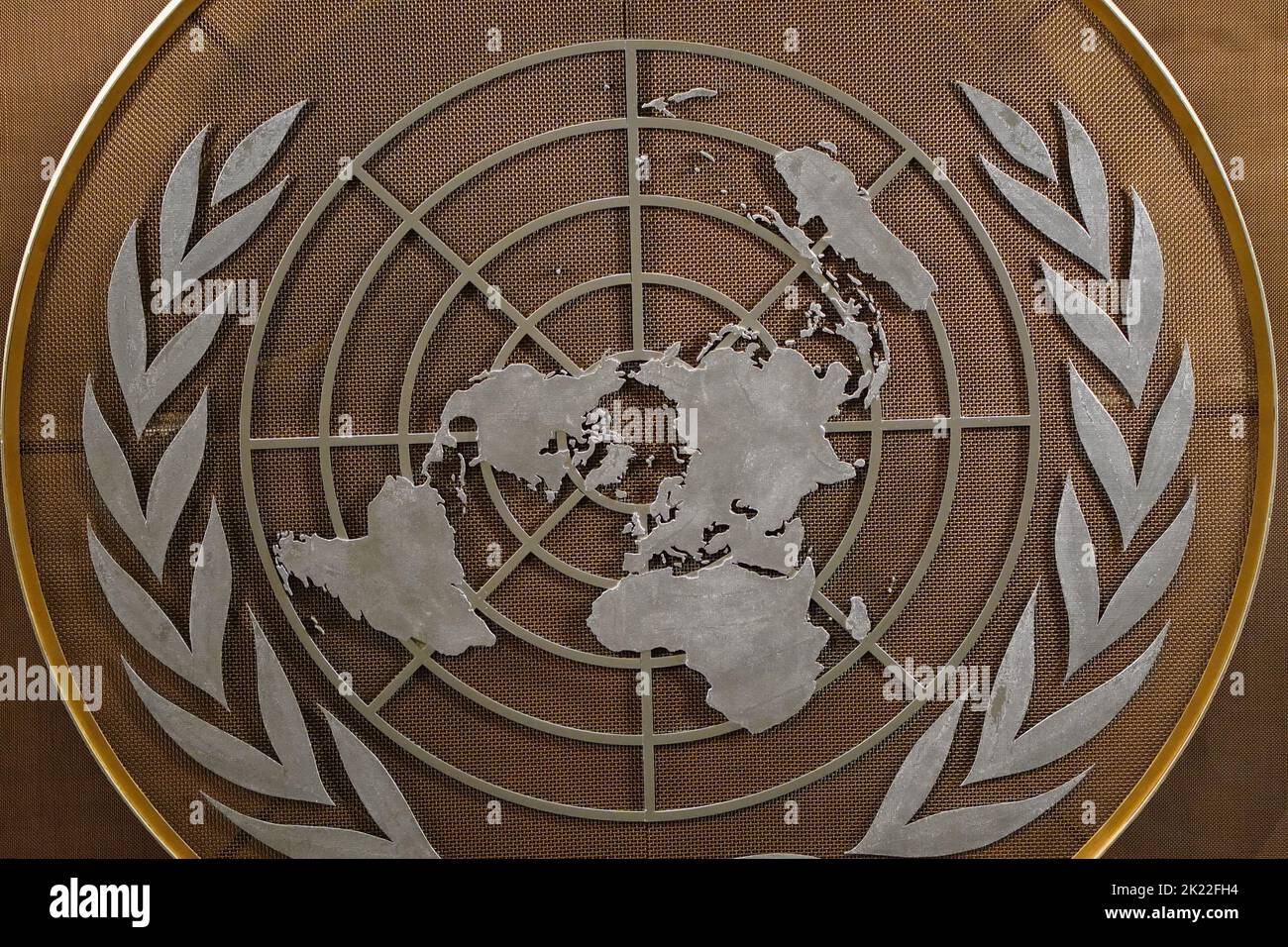 The United Nations logo on show during the 77th UN General Assembly in ...