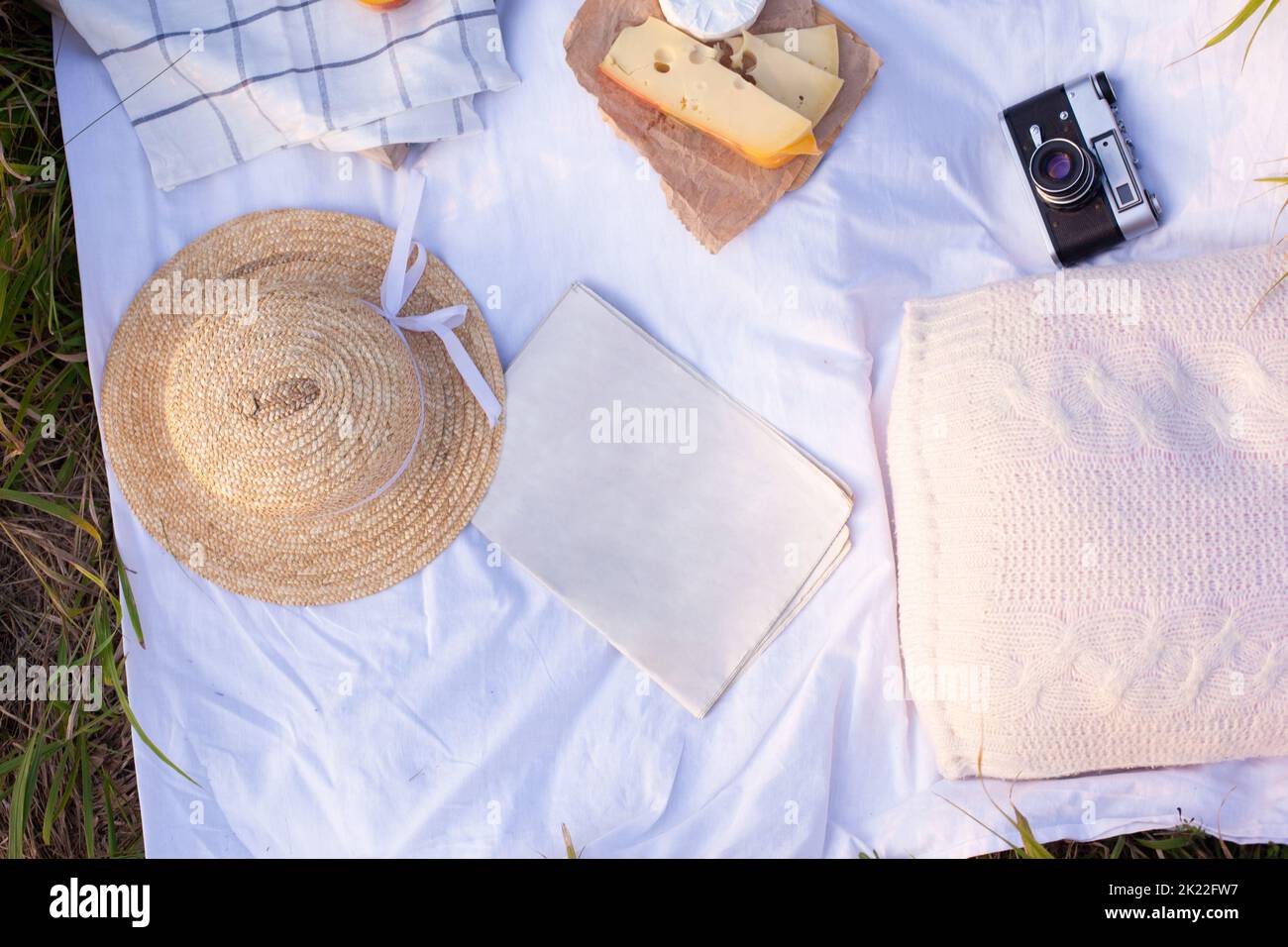 Mock up of newspaper lying on a picnic blanket with cheese, camera and ...