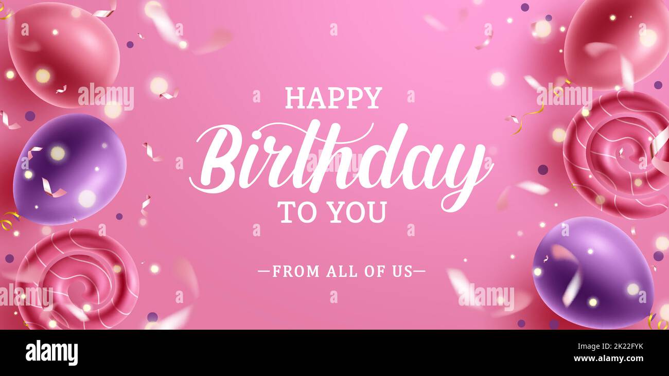 Birthday party vector template design. Happy birthday greeting text in pink space with spiral ...