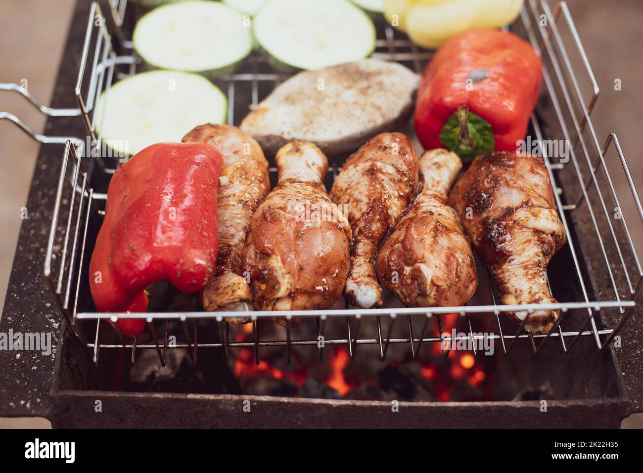 Outdoor barbeque grill. Summer picnic. Outdoor recreation. Food cooked ...