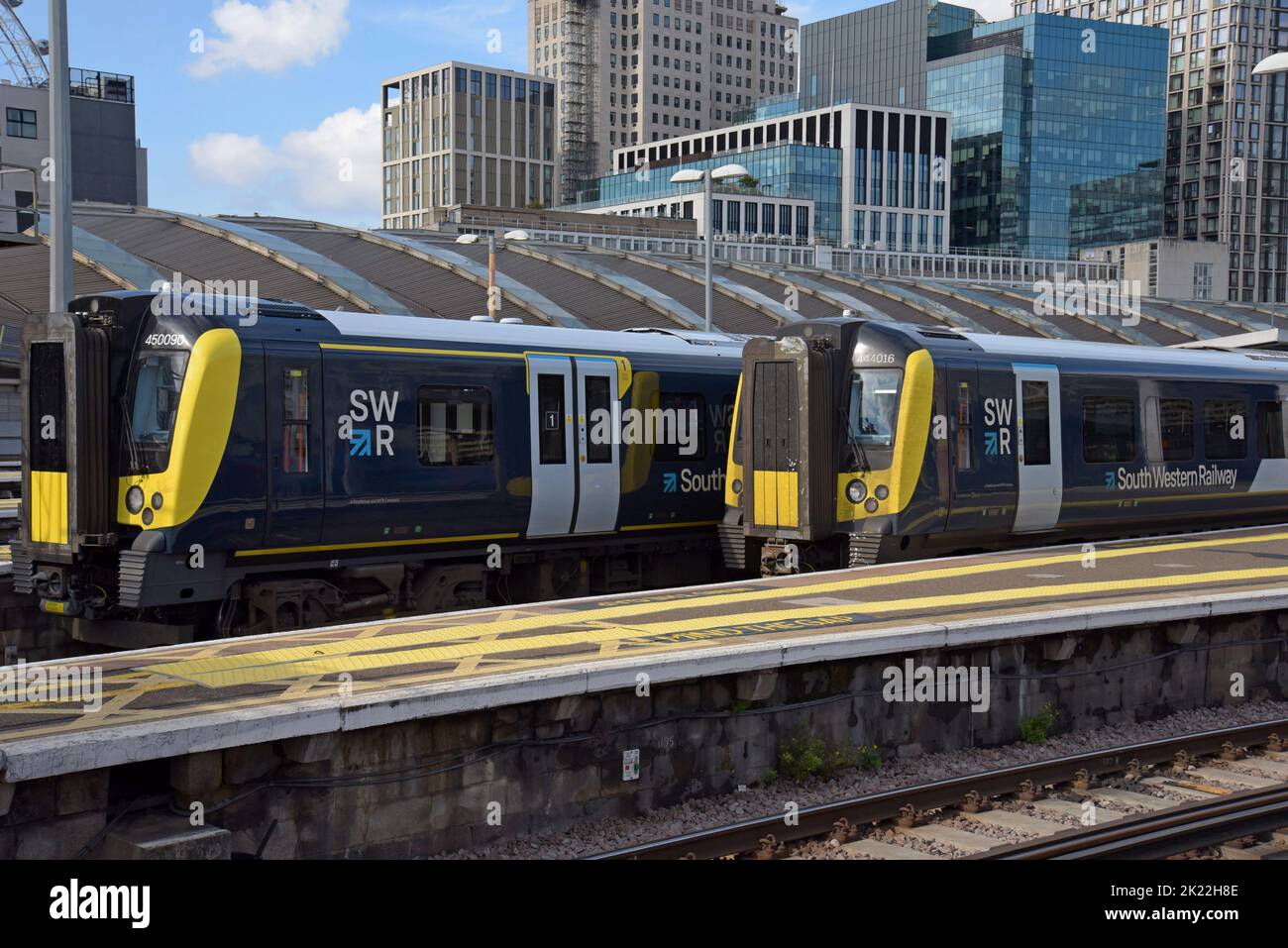 South Western Railway Siemens Desiro class 444 trains waiting to depart Waterloo Station, London ...