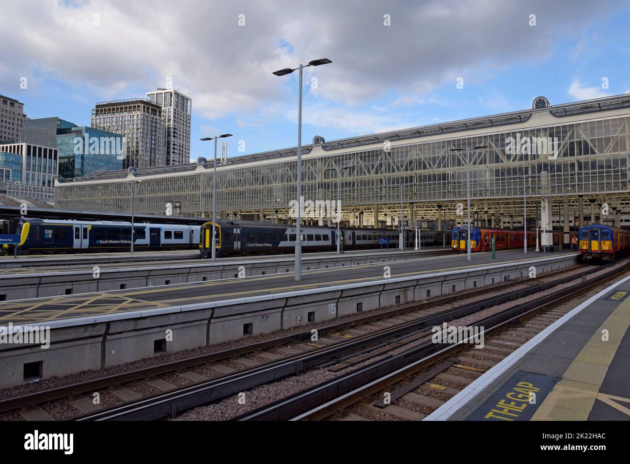 South Western Railway Siemens Desiro class 444 trains waiting to depart Waterloo Station, London ...