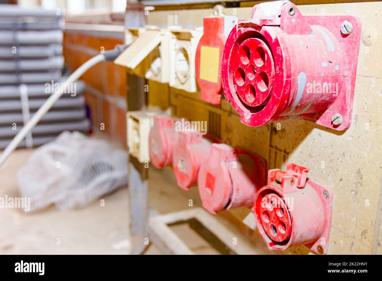 Close up shot on distribution panel with Industrial multiphase power ...