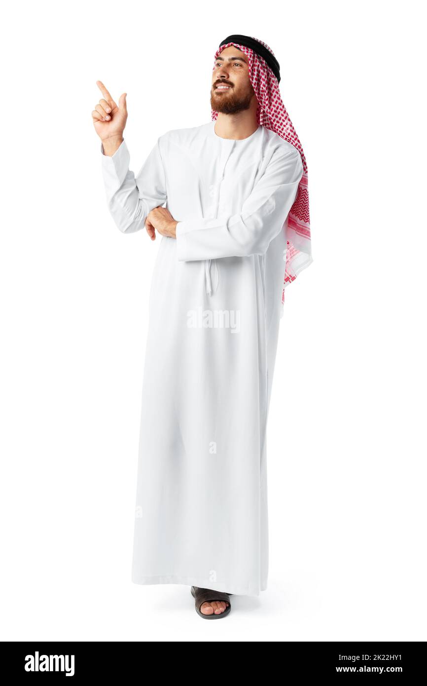 Young Arab man pointing hand isolated on white background Stock Photo ...
