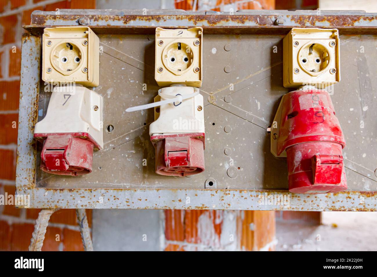 Close up shot on distribution panel with Industrial multiphase power ...