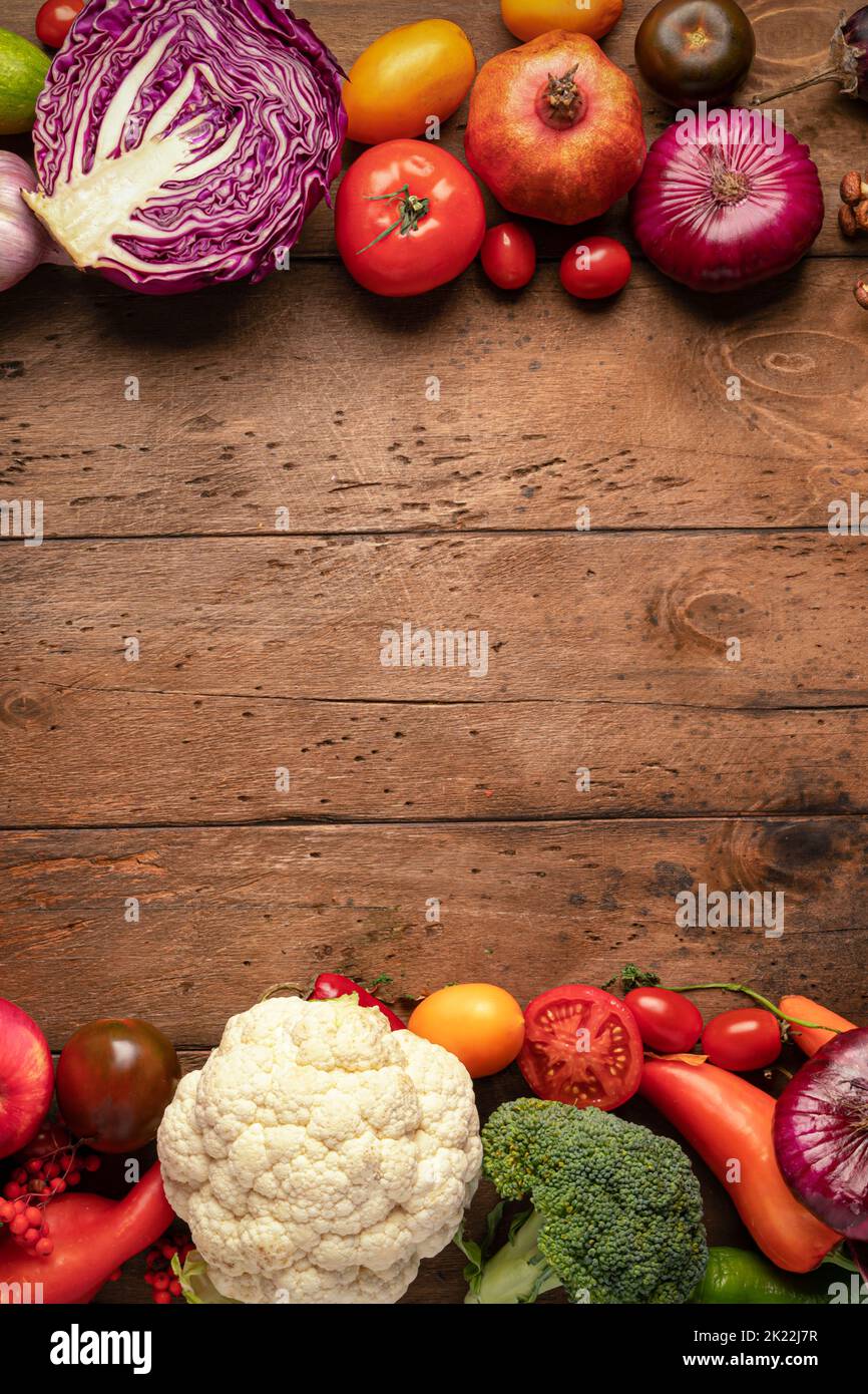 Autumn harvest, fruits and vegetables. copy space concept vertical ...