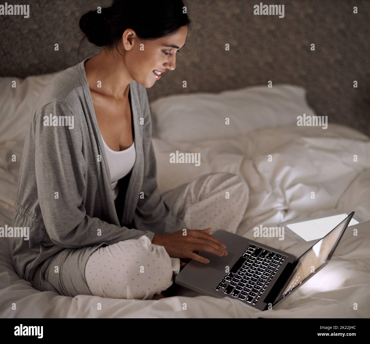 Working from home in comfort. A young woman working on her laptop in ...