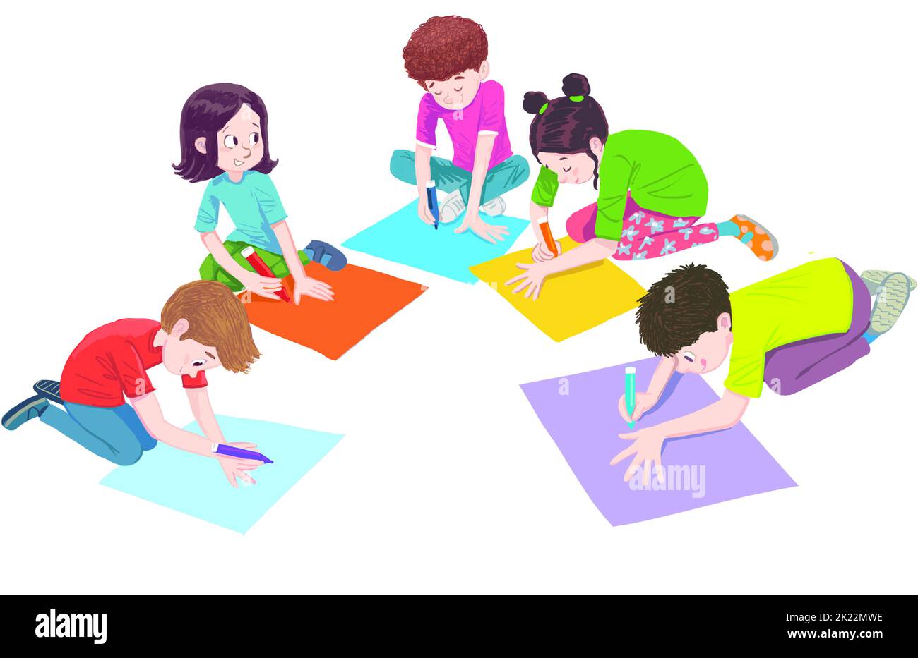 Children draw on colorful papers Stock Photo - Alamy