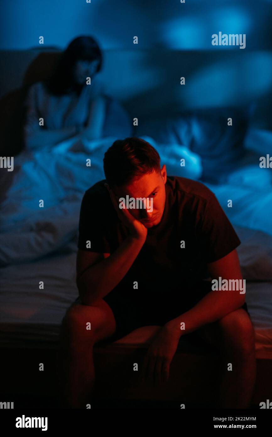 Unhappy couple. Night problem. Male dysfunction. Depressed overthinking ...