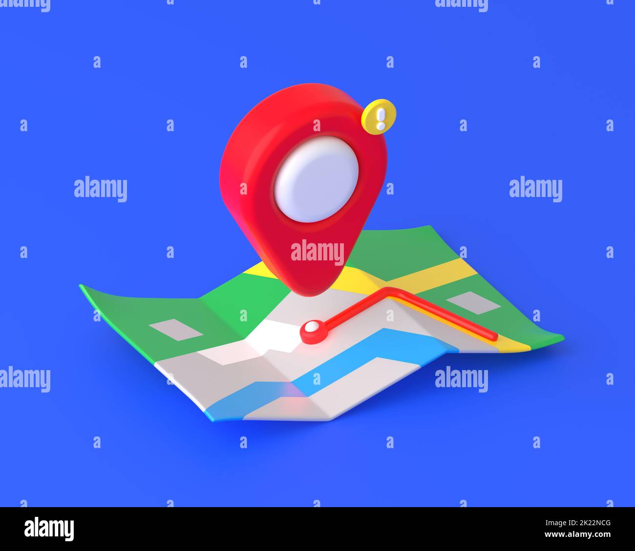 3d render red location pin over map with route line on blue background. Gps direction symbol ...