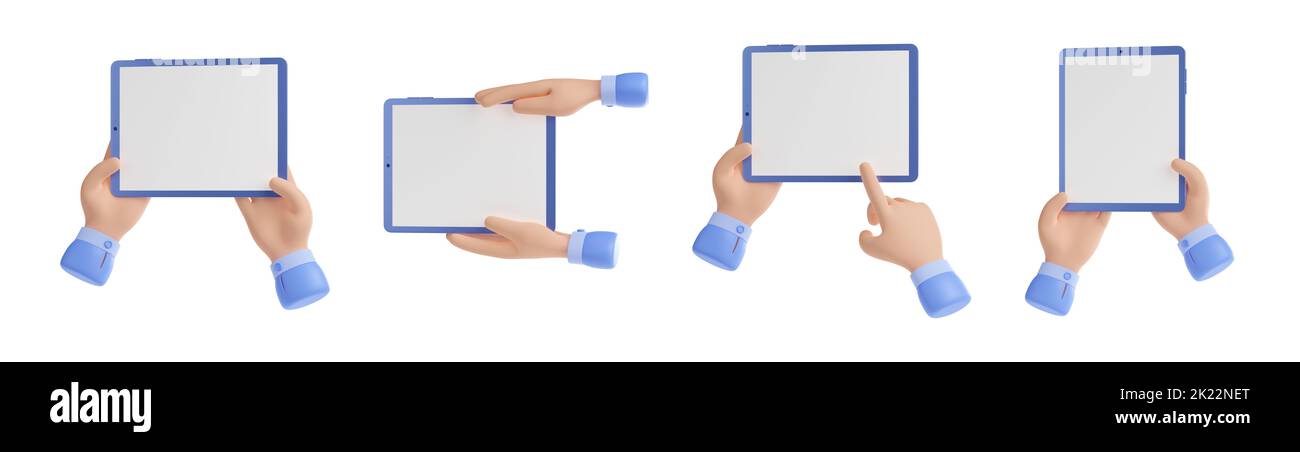 Two hands hold tablet computer with blank screen. Man using digital ...