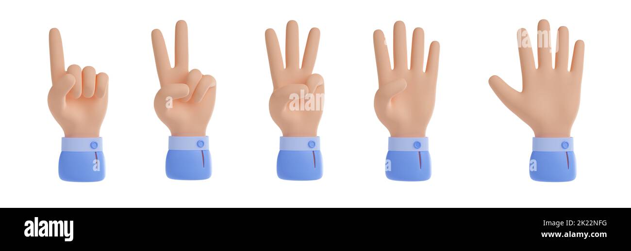 3d render, count fingers, set of hands counting from one to five. Communication, number gestures ...