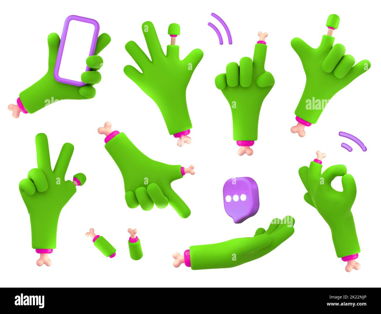 Zombie hands 3d render set, green monster character palm gestures ...