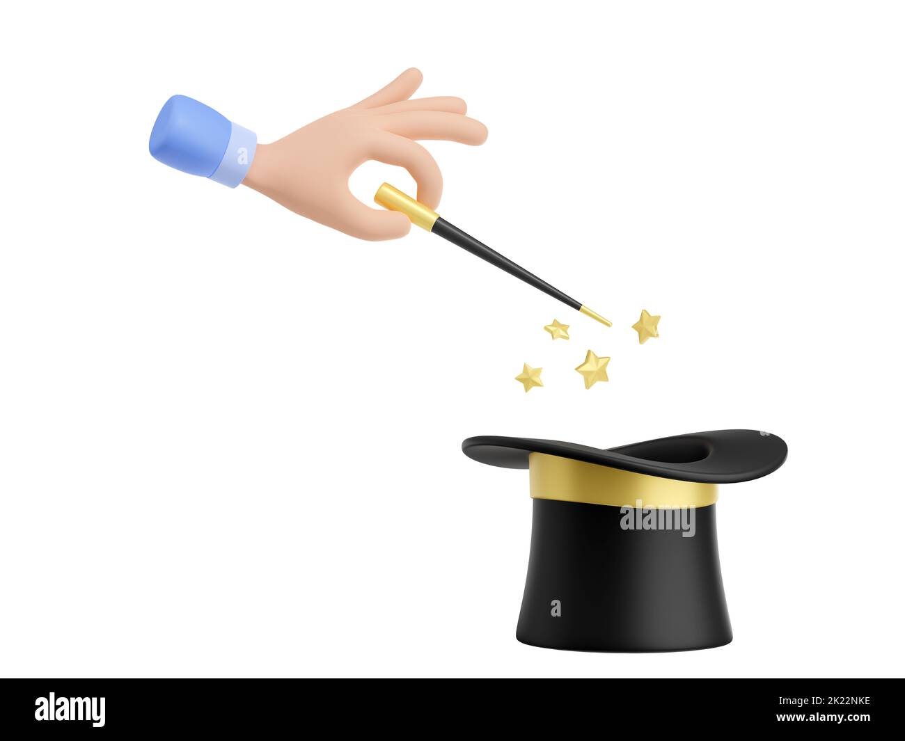 3d render hand holding magic wand with stars sparks above black top hat ...