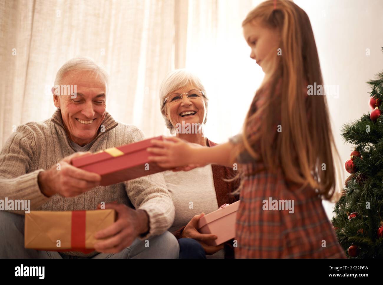Santas little helper is bringing in the gifts. a little girl giving her ...