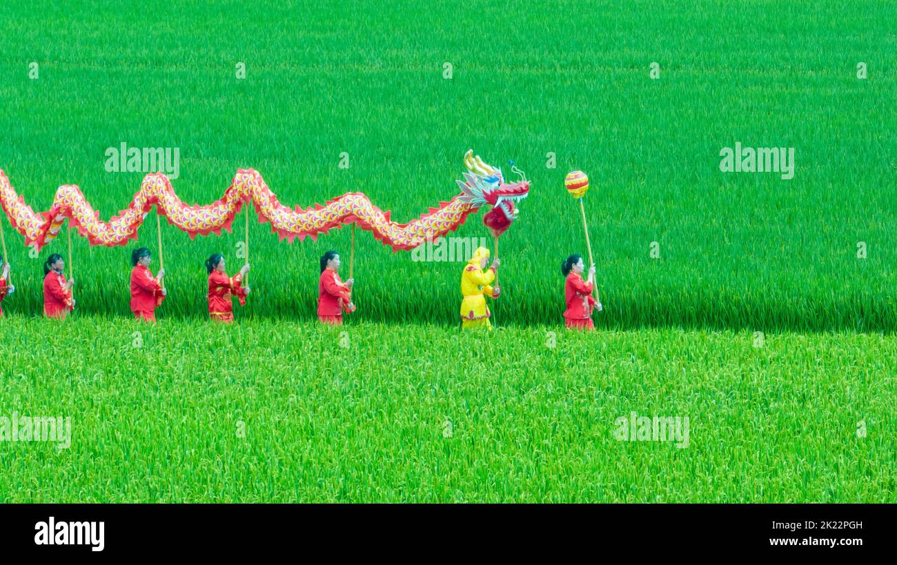 HAI'AN, CHINA - SEPTEMBER 22, 2022 - Villagers perform a dragon dance ...