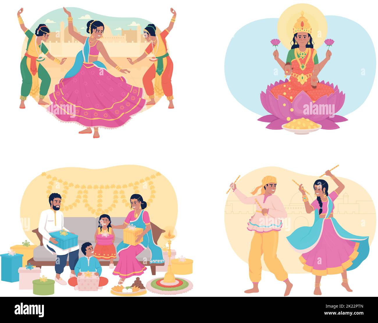 Traditions during Diwali 2D vector isolated illustrations set Stock ...