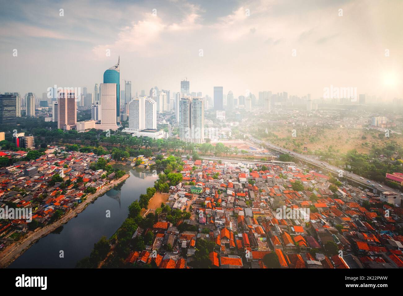 An aerial view of the beautiful city of Jakarta in Indonesia at sunrise ...