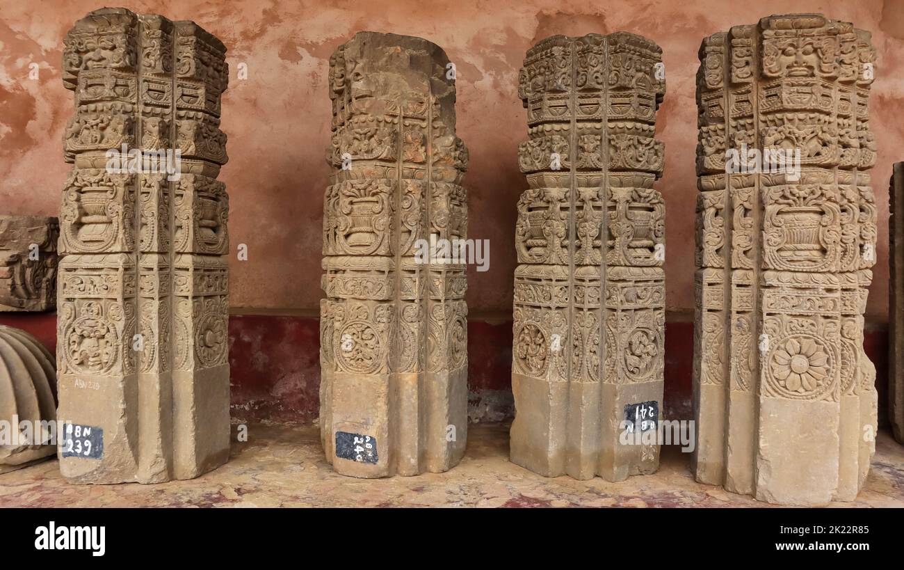 Broken carved pillars at the arcade of Chand Baori Stepwell, Abhaneri ...