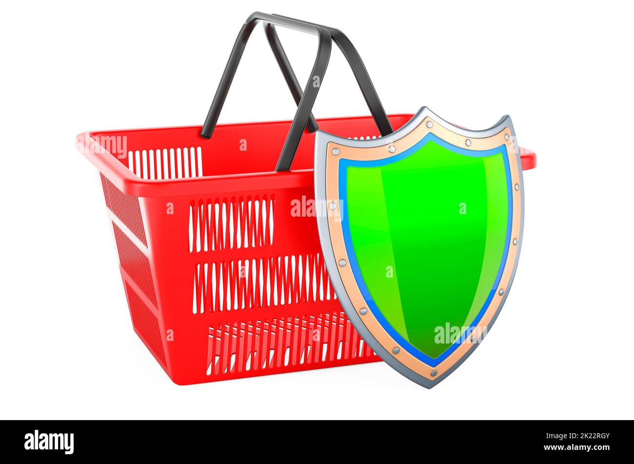 Shopping basket with shield. Consumer protection concept. 3D rendering ...